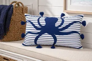 C&F HOME Indigo Stripes Octopus Cotton Blend Lumbar Accent Pillow 14" X 22