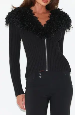 TIGER MIST Faux Fur Collar Rib Jacket