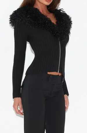 TIGER MIST Faux Fur Collar Rib Jacket