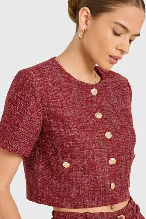 Amanda Uprichard Braswell Cropped Tweed Top With Gold Buttons