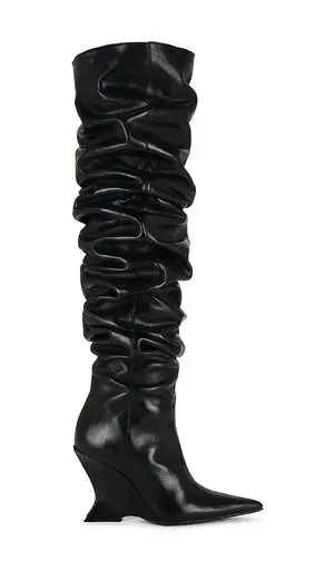 Black Leather Slouch Boots For Women