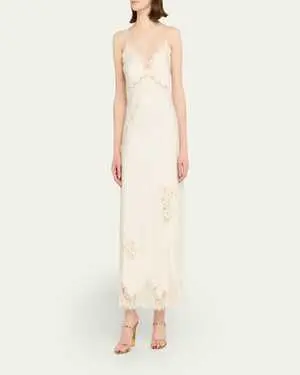 LoveShackFancy Sorone Satin Lace Maxi Slip Dress