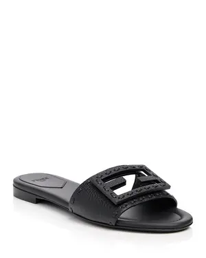 Fendi Baguette Leather Selleria Slides Black