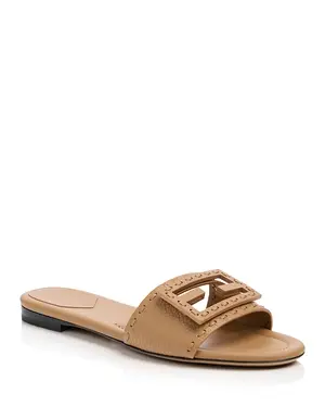 Fendi Baguette Leather Selleria Slides Tan
