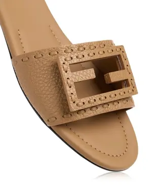 Fendi Baguette Leather Selleria Slides - Tan