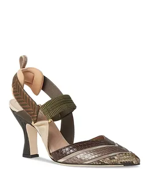 Fendi Colibri Mesh & Leather High Heel Slingbacks - Olive/brown