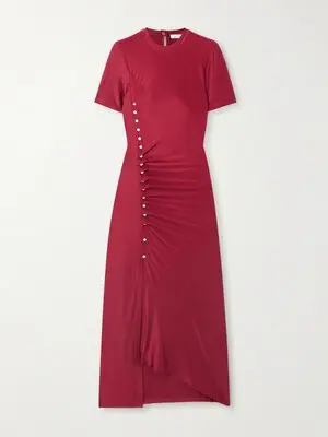 Rabanne Button-detailed Gathered Jersey Midi Dress - Red