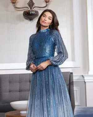 Mac Duggal Ombre Sequin Long Sleeve A-line Gown