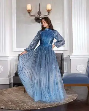 Mac Duggal Ombre Sequin Long Sleeve A-line Gown
