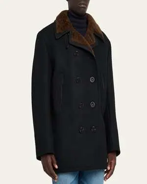 TOM FORD Melton Wool Shearling Double-breasted Pea Coat