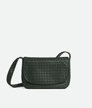 BOTTEGA  VENETA Intrecciato Nappa Flap Messenger Bag - Dark Green