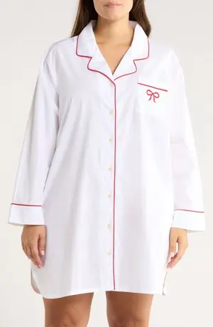 Nordstrom Classic Piped Cotton Nightshirt - White- Red Bow
