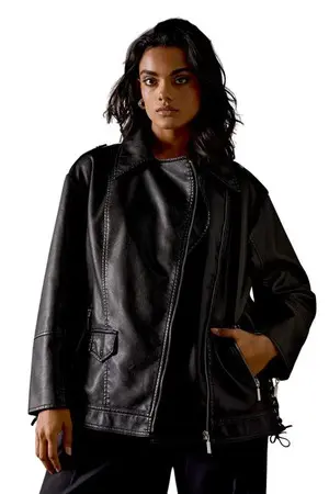 WAREHOUSE Oversized Faux Leather Jacket - Black