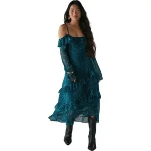 WAREHOUSE Ruffled Cold Shoulder Midi Dress - Leopard