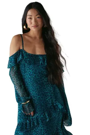 WAREHOUSE Ruffled Cold Shoulder Midi Dress