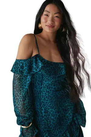 WAREHOUSE Ruffled Cold Shoulder Midi Dress