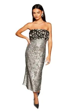 WAREHOUSE Runway Sequin Strapless Column Midi Dress - Silver