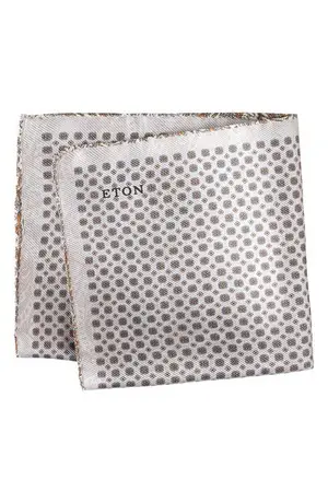 Eton Medallion & Paisley Reversible Silk Pocket Square - Light Grey
