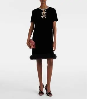 Valentino Garavani Embellished Feather-trimmed Velvet Minidress