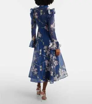 LEO LIN Katrina Floral Linen-blend Midi Dress - Blue
