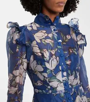 LEO LIN Katrina Floral Linen-blend Midi Dress - Blue
