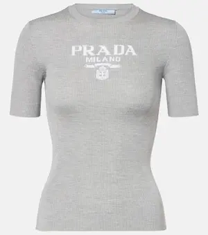 Prada Logo Ribbed-trim Silk T-shirt - Grey
