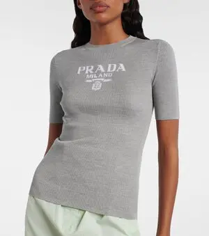 Prada Logo Ribbed-trim Silk T-shirt