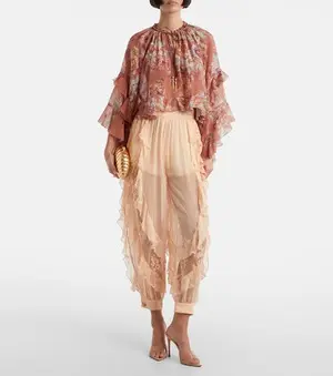Zimmermann Rebellion Splice Ruffled Silk Tapered Pants