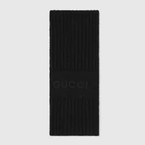 Gucci Wool Cashmere Scarf With Embroidery Wool - Black