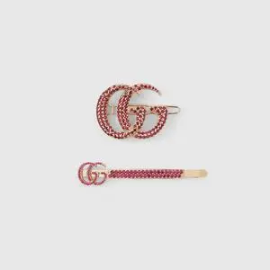Gucci Double G Hair Slide Set With Crystals - Pink