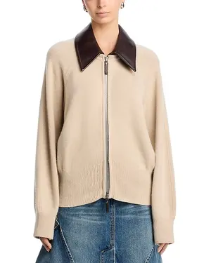 Brandon Maxwell Conrad Cashmere Zippered Jacket - Oatmeal/brown