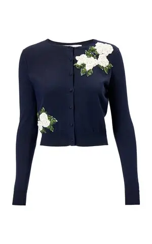 Carolina Herrera Floral Embroidered Silk-blend Cropped Cardigan - Navy