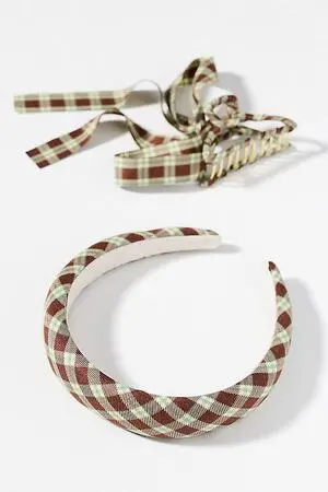 Anthropologie Plaid Headband And Bow Hair Clip Set - Chocolate