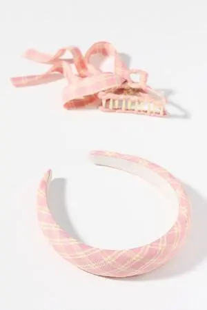 Anthropologie Plaid Headband And Bow Hair Clip Set - Pink