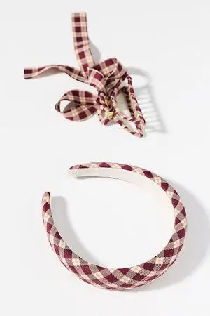 Anthropologie Plaid Headband And Bow Hair Clip Set - Wine