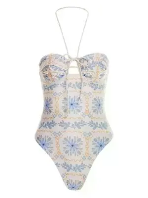 Agua Bendita Floral Print Adjustable Neck Swimsuit - Neutrals