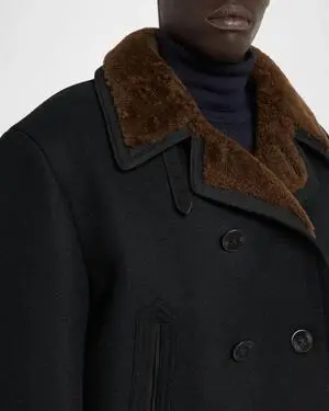 TOM FORD Melton Wool Double-breasted Pea Coat With Shearling - Black