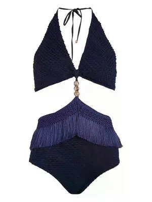 PatBO Fringed Beaded Swimsuit - Blue