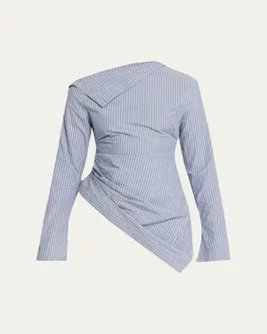 JANE WADE Asymmetric Pinstripe Blouse With Buttoned Sleeves - Washed Blu