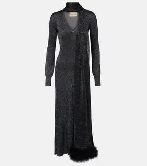 Valentino Garavani Feather-trimmed Lamé Maxi Dress - Black