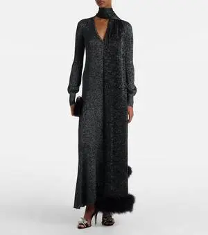 Valentino Garavani Feather-trimmed Lamé Maxi Dress