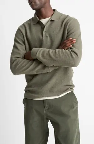 Vince Long Sleeve Basketweave Polo - Sycamore