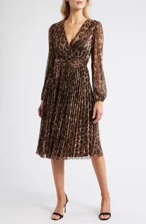 Halogen Metallic Leopard Print Long Sleeve Midi Dress