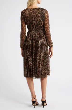 Halogen Metallic Leopard Print Long Sleeve Midi Dress