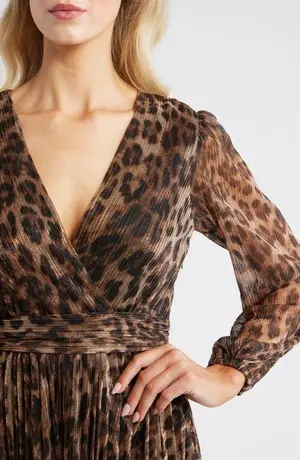 Halogen Metallic Leopard Print Long Sleeve Midi Dress