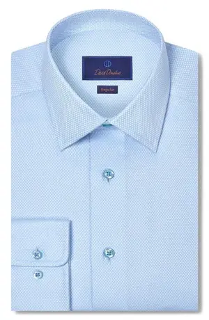 David Donahue Regular Fit Blue Micro Diamond Cotton Dobby Dress Shirt - Sky