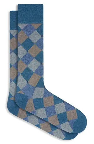Bugatchi Diamond Pattern Mercerized Cotton Blend Dress Socks - Steel