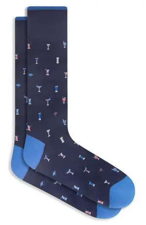 Bugatchi Patterned Mercerized Cotton Blend Dress Socks - Navy