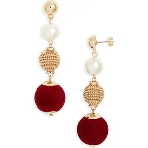 Nordstrom Orb Velvet & Faux Pearl Drop Earrings - Burgundy- Gold