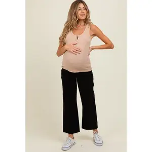 PINKBLUSH Raw Hem Cropped Wide Leg Maternity Jeans - Black